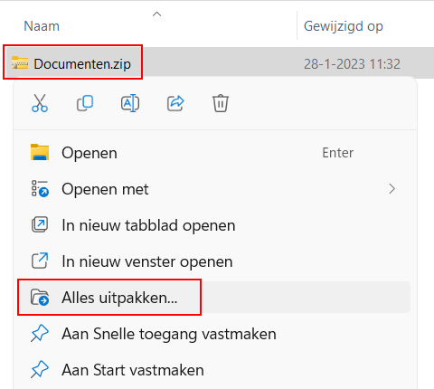 Een ZIP, RAR of 7Z bestand openen in Windows 11